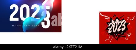 2023 numbers in cartoon style with rocket. Happy New Year event poster ...