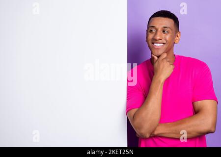 Photo of minded man wear stylish clothes look empty space dream new ...