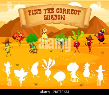 Find the correct shadow of Wild West cartoon cowboy, sheriff and robber ...