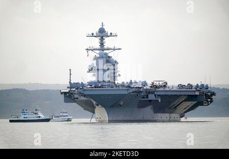 The USS Gerald R. Ford whilst at anchor in Stokes Bay in the Solent, as ...