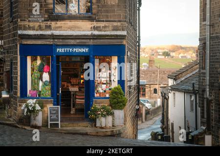 Haworth, West Yorkshire, UK. Pretty Penny - a shop at the top of Main ...