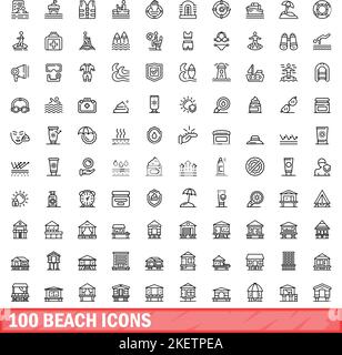 100 beach icons set. Outline illustration of 100 beach icons vector set ...