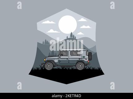 Off road car infront of mountain landscape illustration design Stock ...