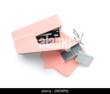 Office stapler with sticky notes and staples on grey background Stock ...