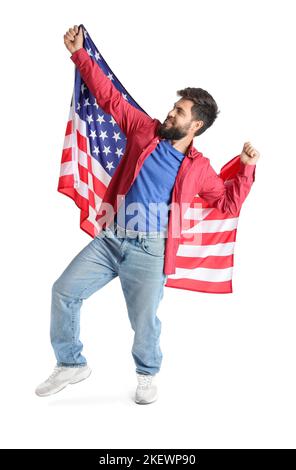 Handsome bearded man with USA flag on grey background Stock Photo - Alamy
