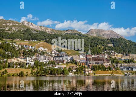 View of town and lake, St Moritz, Engadin, Graubünden, Switzerland ...