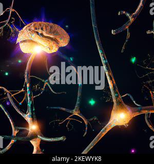 Microscopic view of the synapses. Brain connections. Neurons and ...