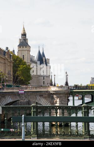 Chatelet Palace next to the Seine river in Paris. Green bridge. Palace ...