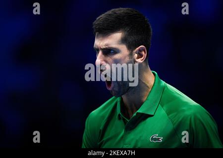 Turin, Italy. 14 November 2022. Stefanos Tsitsipas of Greece celebrates ...