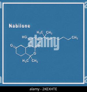 Nabilone synthetic cannabinoid, Structural chemical formula on a white ...