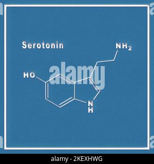 Serotonin Hormone Structural chemical formula on a blue background ...