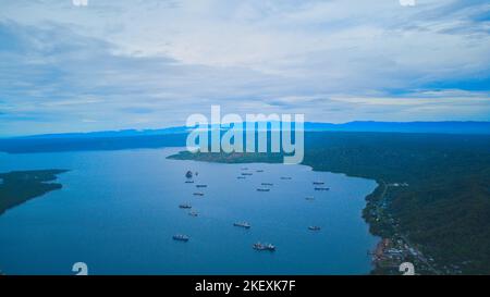 Panoramic view of Rabaul Bay and Town with Cruise Ship and Active ...