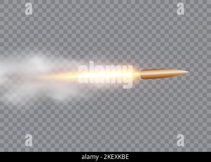 Realistic flying bullet in motion with the fiery trace. Vector ...