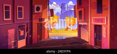 Empty back alley and city street with houses at sunset. Town landscape ...