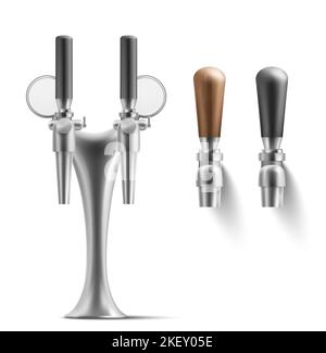 Beer taps with wooden handles, bar or pub equipment, brew machine ...