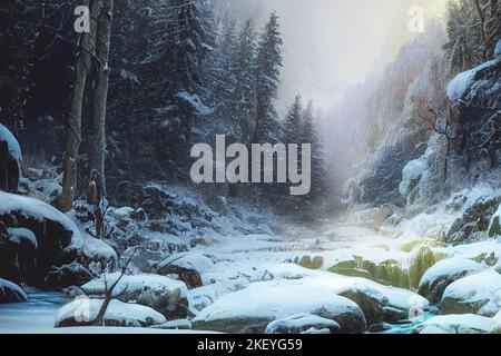 Winter in the woods with snow covered trees and a spectacular mountain ...