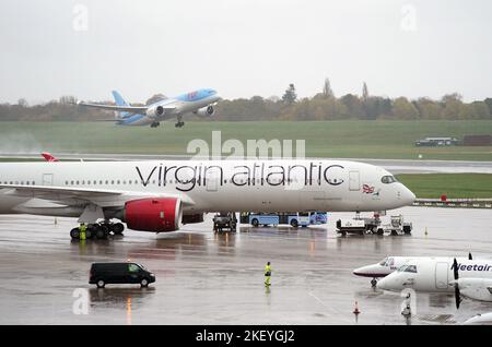 A Virgin Atlantic A350 Airbus, carrying the England football team takes ...