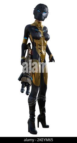 Female android soldier, military cyborg woman armed with rifle laying ...