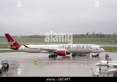 A Virgin Atlantic A350 Airbus, carrying the England football team takes ...