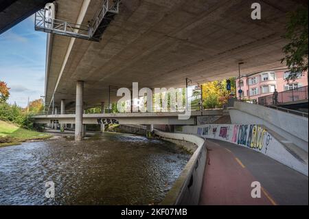 A confluence of road, rail, river and pedestrian/cycle track routes in ...