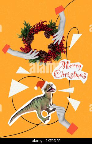 Collage photo of creative poster preparation hold stack christmas balls ...