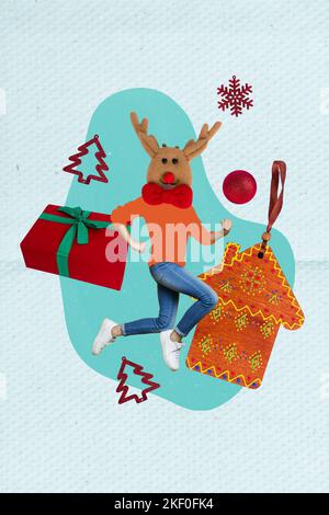 Collage photo of creative poster preparation hold stack christmas balls ...