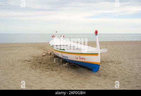 Torremolinos spain, Old traditional spanish rowing Boat (Jabega) on the ...