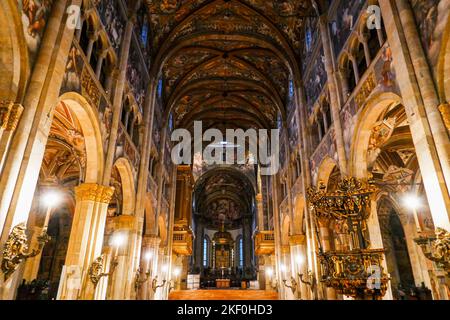 The interior of a beautiful church in Parma, Italy, in black and white ...