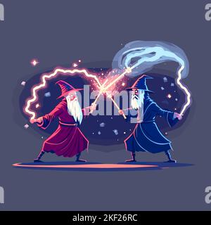 A vector of two wizards fighting each other with magic spells Stock ...