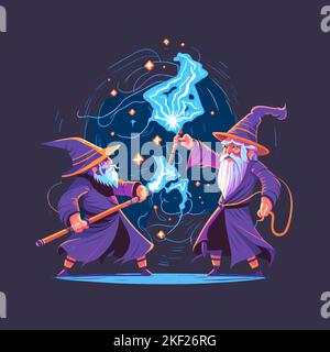 A vector of two wizards fighting each other with magic spells Stock ...