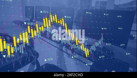 Image of financial data processing against close up of desks at office ...