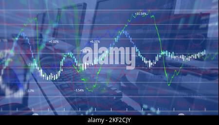 Image of financial data processing against close up of desks at office ...