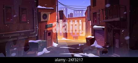 Empty dark urban backstreet with garbage containers. Cartoon vector ...