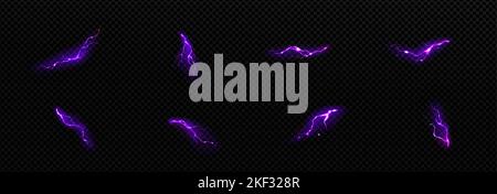 Realistic set of purple lightning strikes and bolts isolated on ...
