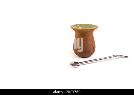 Clay mate calabash with bombilla on white background Stock Photo - Alamy