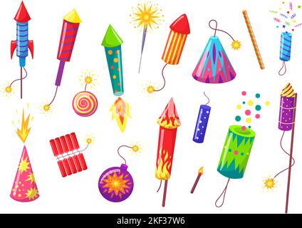 Cartoon fireworks rockets. Firework rocket christmas party pyrotechnics ...