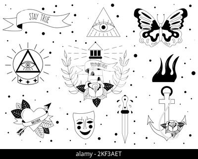 Set of tattoo in y2k, 1990s, 2000s style. Emo goth element design with ...