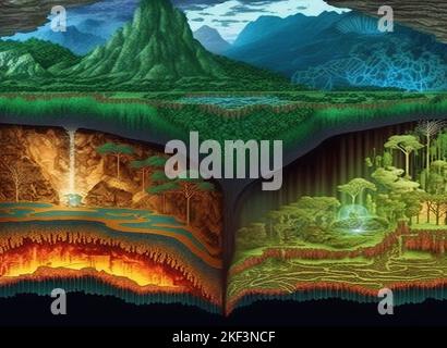 Section of the Earth, layers and core. Cutaway and horizontal section ...