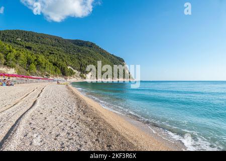 Sirolo, Italy - 09-02-2021: Extra wide view of the beautiful beach of ...