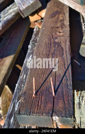 Old rusty nails sticking out of a wooden collapsed bridge, structural ...