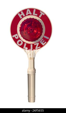 A handheld police traffic control sign with Halt Polizei, German for ...