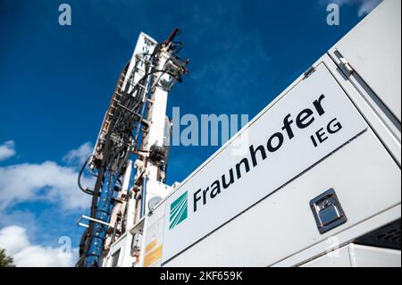 Bochum, Germany. 16th Nov, 2022. The Fraunhofer IEG logo hangs on a ...
