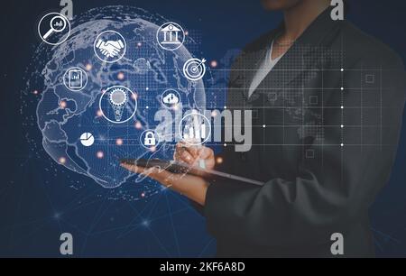A man using a tablet show workflow for a bank system Stock Photo - Alamy