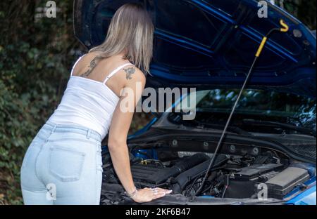 Woman inspecting broken car engine Stock Photo - Alamy