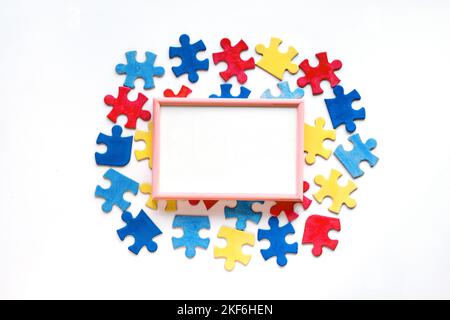 Autism Awareness Day, World Autism Day, frame with puzzle pieces ...