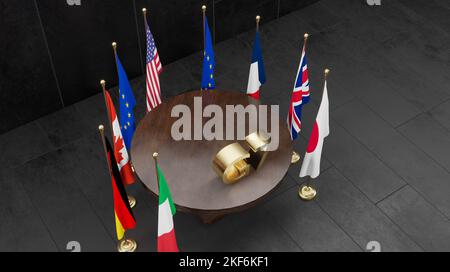 G7 summit. flags of members of G7 group of seven and list of countries ...