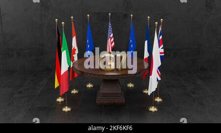 G7 summit. flags of members of G7 group of seven and list of countries ...