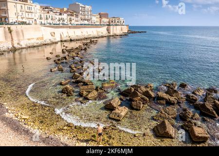 A Beach and Views On The Island of Ortigia, Syracuse (Siracusa), Sicily ...