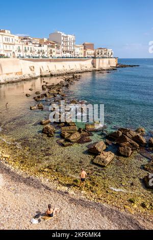 A Beach and Views On The Island of Ortigia, Syracuse (Siracusa), Sicily ...