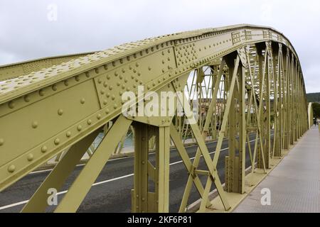 The steel swing bridge and bowstring-arch-truss bridge and road signs ...